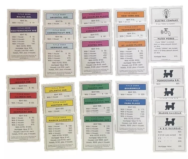 VINTAGE MONOPOLY GAME Replacement Property Title Deed Cards - Complete ...