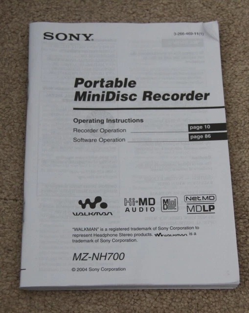 SONY HI-MD WALKMAN MiniDisc Player Recorder MZ-NH700 Instruction manual ...