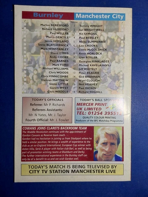 PRE-SEASON FRIENDLY BURNLEY v Manchester City 2nd August 1997 Vgc £1.17 ...