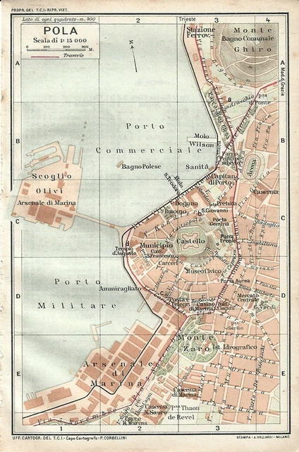 CARTA GEOGRAFICA ANTICA POLA PULA Pianta della città TCI 1920 Old ...