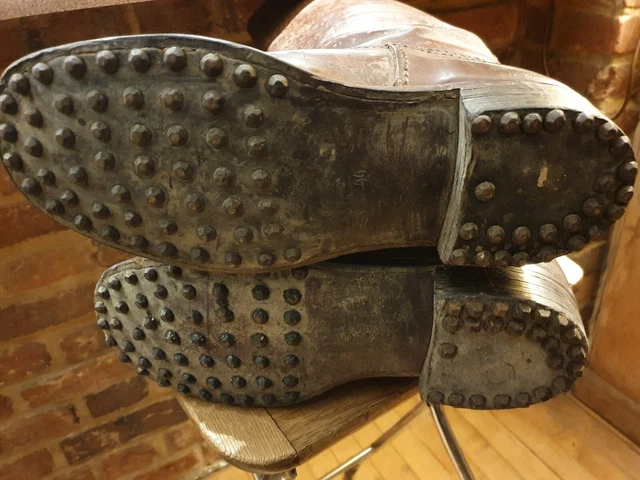 MILITARY HOBNAILED BOOTS WW1 WW2 brown leather French/German size 44 £ ...