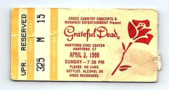 GRATEFUL DEAD MAIL Auftrag Konzert Ticket Stumpf April 3 1988 Hartford ...