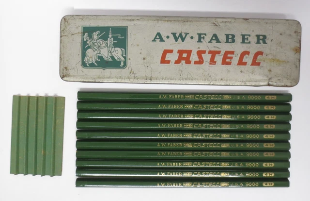 AW FABER CASTELL 9000 4H Metal Pencil Box 10 Pencils Vtg Hard American ...