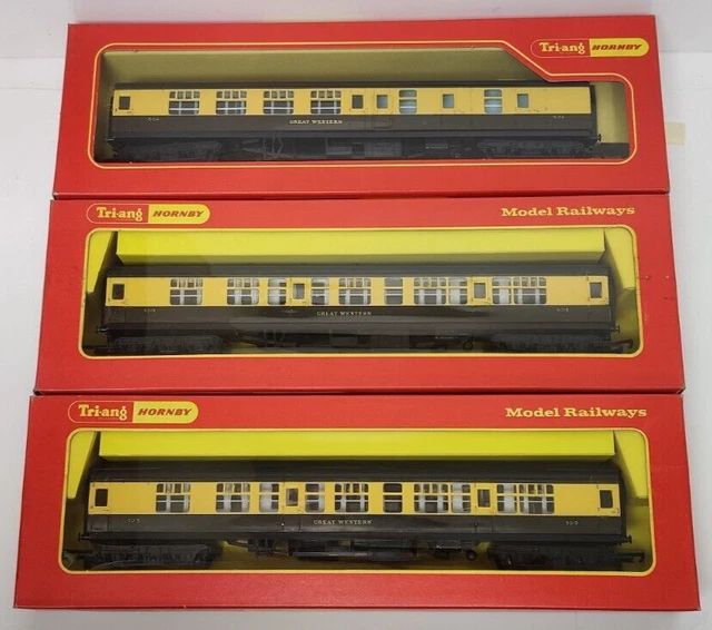 TRIANG HORNBY R743 GWR COMPOSITE COACH & & R744 x2 BRAKE COACH VINTAGE ...