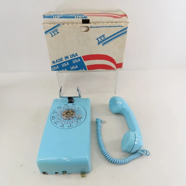VINTAGE ITT ROTARY Dial Wall Phone Light Blue w/ Original Box USA £116. ...