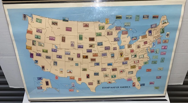 VINTAGE 1971 STAMP Wall Map of America Poster Minkus New York USA made ...