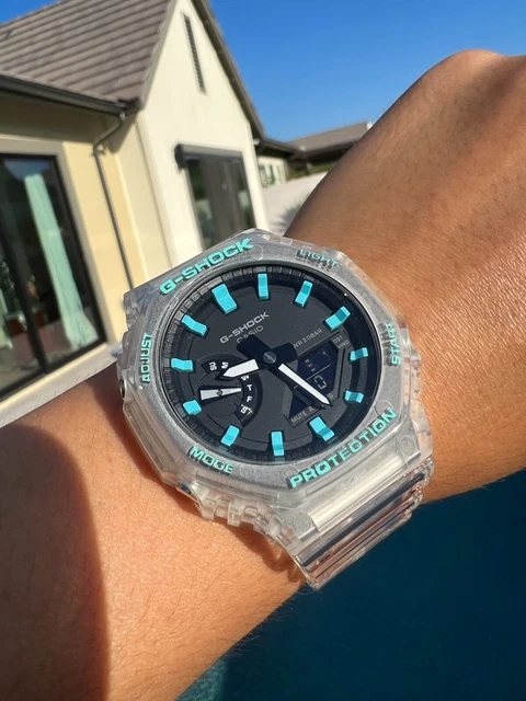 CUSTOM MADE GA2100SKE-7A Casio Light Blue Scale Ring Clear Bezel G ...