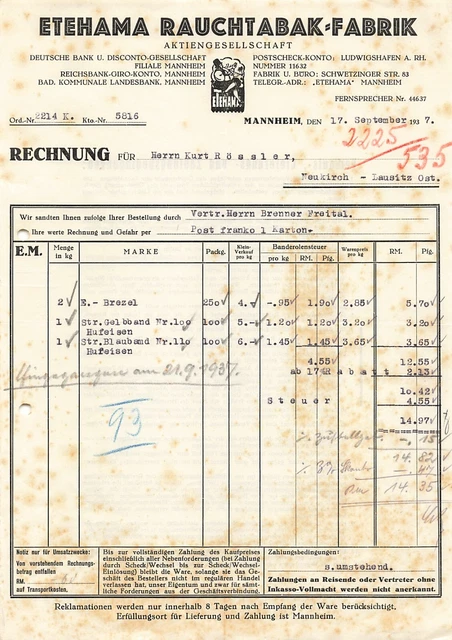 OLD INVOICE RECEIPT 1937 Etehama smoking tobacco factory Mannheim ...