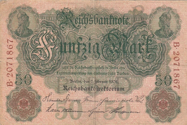 REICHSBANKNOTE VON 1908 über 50 Mark in gebrauchter Erhaltung EUR 2,00 ...