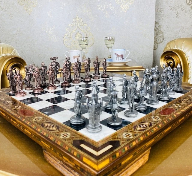 ANTIQUE CHESS SET Vintage Mythology Chessmen Solid Wooden Chess Board ...