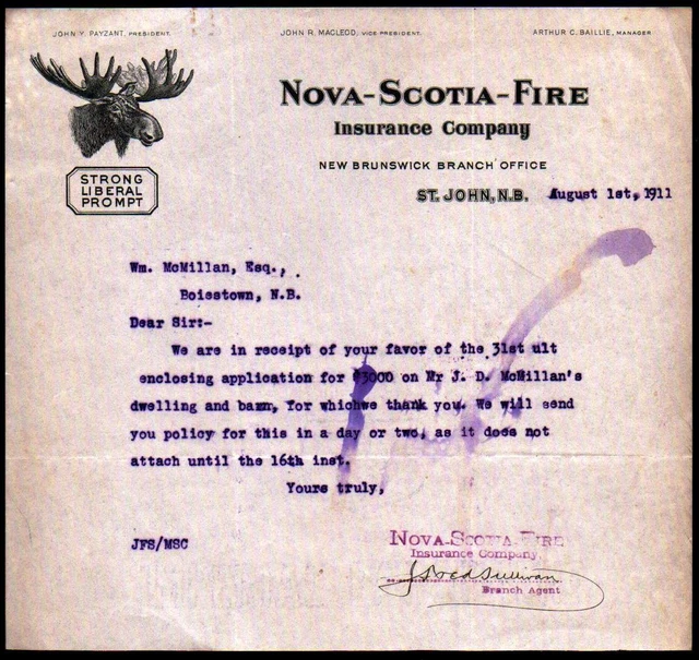 NOVA SCOTIA FIRE Insurance St John New Brunswick Canada 1911 Letter nova-scotia-fire-insurance-st-john-new-brunswick-canada-1911-letter