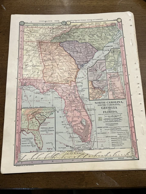 ANTIQUE MULTICOLOR 1885 Map Of North & South Carolina, Georgia ...