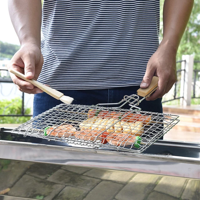 BBQ FISH GRILL Basket Long Handle Barbecue Rack Meat Vegetables Roast ...