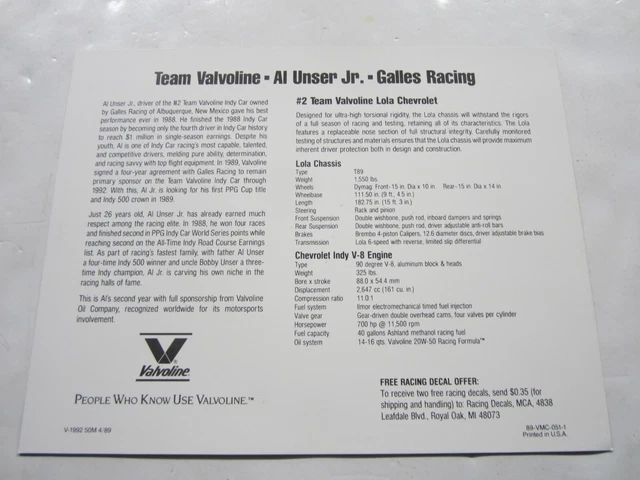 INDY/PPG ORIGINAL 89 Al Unser Jr/Galles Valvoline Lola Racing Car Track ...