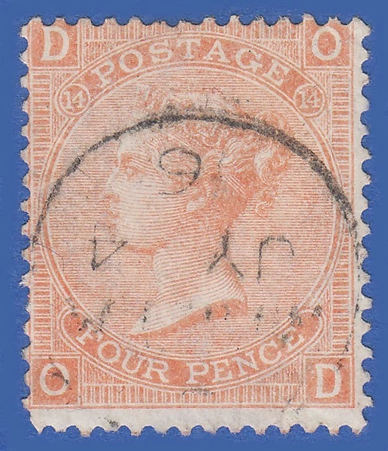 GB QV 1873 4d DULL VERMILION PLATE 14 OD SG93 GU + LIGHT CANCEL £3.99 ...