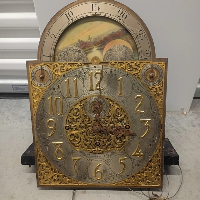 ANTIQUE J.E. CALDWELL (J.J. Elliott) Grandfather Clock Movement Dial ...