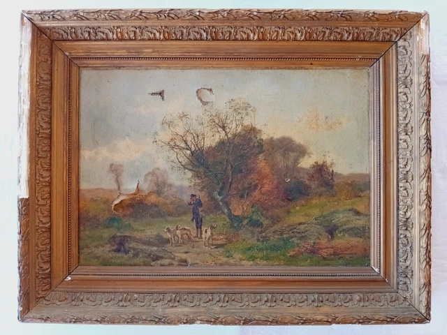 ANCIEN TABLEAU CHASSEUR et ses CHIENS de CHASSE peinture CYNÉGÉTIQUE ...
