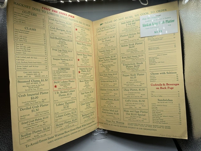 1952 HACKNEY'S SEAFOOD Restaurant Menu Atlantic City Nj Boardwalk New ...