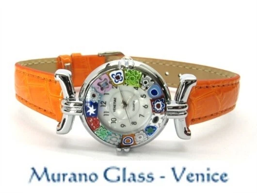 MURANO GLASS WATCH authentic CERTIFICATE Quartz SEIKO leather CHROME ...