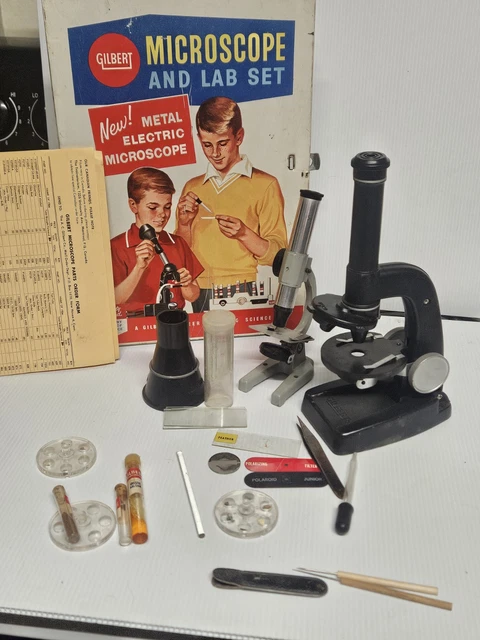VINTAGE GILBERT MICROSCOPE and Lab Set in Original Metal Box Child's ...