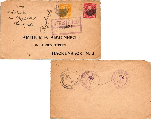 CALIFORNIA LOS ANGELES Registered 1922 violet double ring 2c and 10c ...