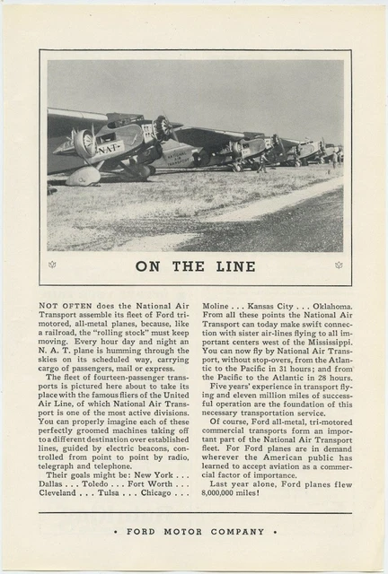 FORD TRI-MOTORED ALL Metal Planes National Air Transport 1931 Vintage ...