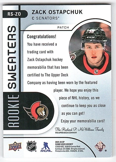 2024-25 SP GAME-USED Rookie Sweaters Zack Ostapchuk 3 Colors Patch Sens ...