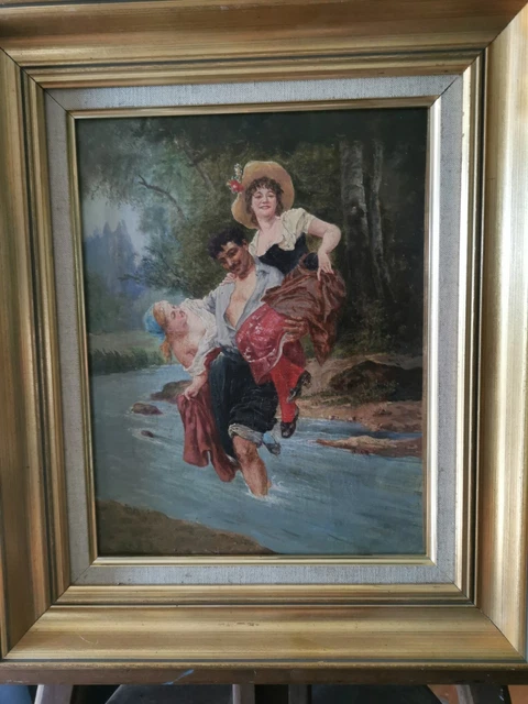 TABLEAU ANCIEN XIX " Le passage du gué " Huile sur toile - Romantisme EUR 550,00 - PicClick FR