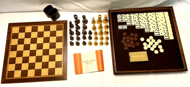 VINTAGE WOODEN GAME Box Set Backgammon Chess Cribbage Dominoes Checkers ...