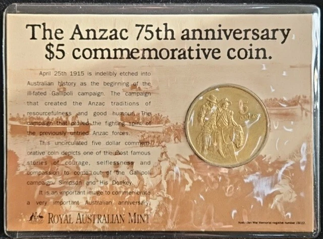 1990 AUSTRALIA THE Anzac 75th Anniversary $5 Commemorative Coin UNC in ...