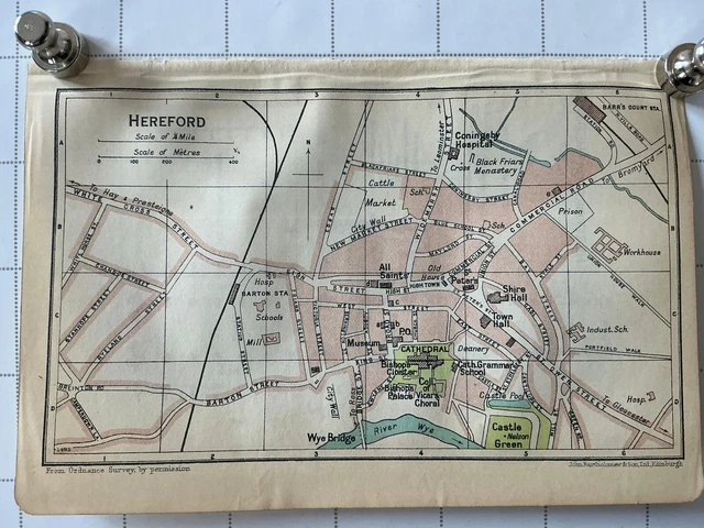 HEREFORD 1930 ANTIQUE Street Map Original Bartholomew Cathedral ...