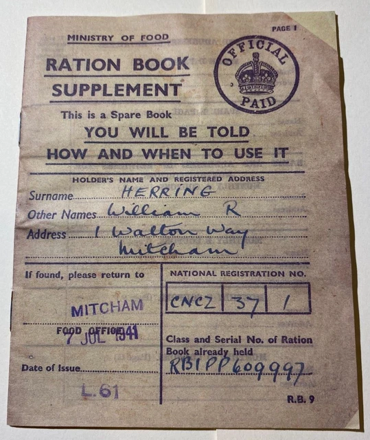 RATION BOOK SUPPLEMENT - Ministry Of Food Mitcham London - Mr William R ...