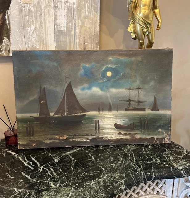 TABLEAU ANCIEN REPRÉSENTANT Une Marine De Nuit, Huile Sur Toile EUR 70,00 - PicClick FR