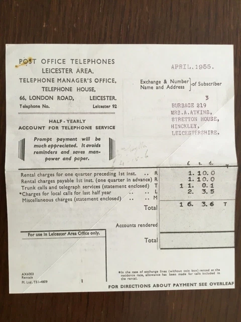 1950’S ICONIC TELEPHONE BILL **((Reproduction))** £7.38 - PicClick UK