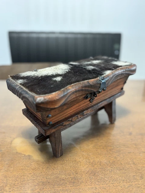BOÎTE BANC EN Bois Peau De Vache Vintage EUR 45,00 - PicClick FR