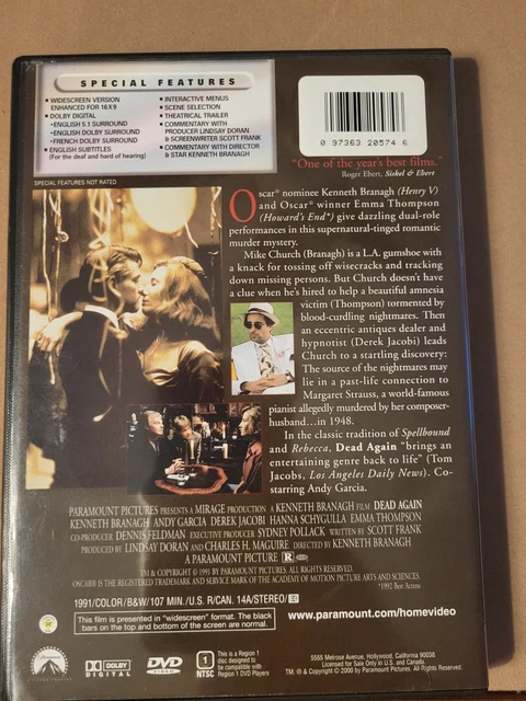 DEAD AGAIN (1991) DVD Kenneth Branagh Andy Garcia Emma Thompson 90s $12 ...