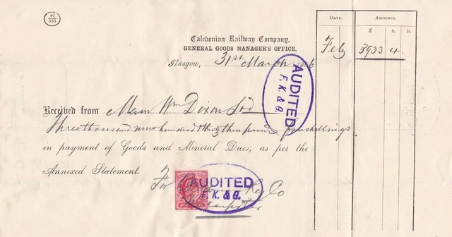 CALEDONIAN RAILWAY COMPANY 1906 Glasgow General Goods Stamp Receipt Ref ...