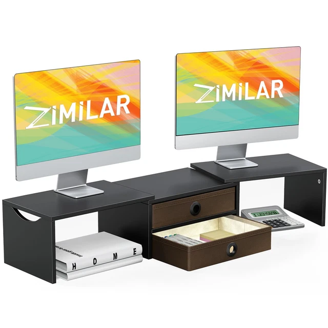 DUAL MONITOR STAND Riser with 2 Drawers, Wood Monitor Riser for 2 ...