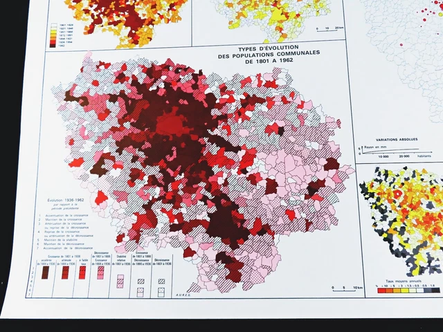 VINTAGE PARIS MAP Population Density Growth Movement Migration ...