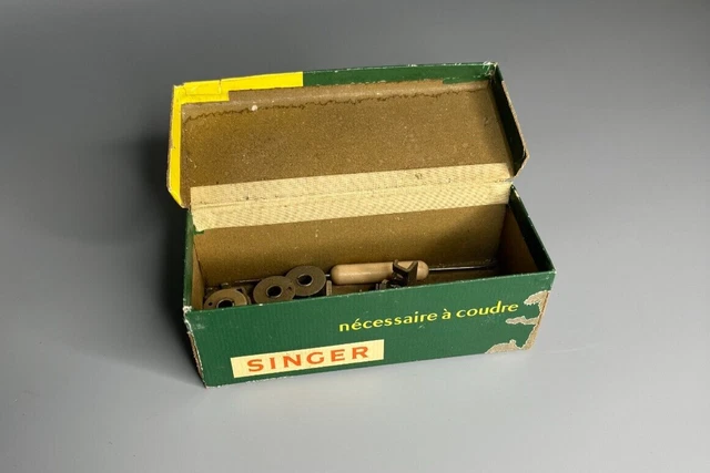 FRENCH VINTAGE SEWING tools assortment in Singer box fading on box ...