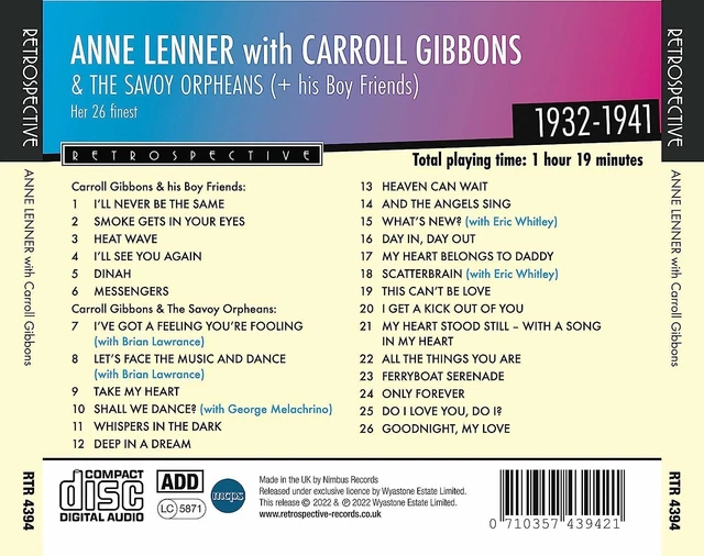 ANNE LENNER WITH Carroll Gibbons & The Savoy Orphean Her 26 Finest 1932 ...