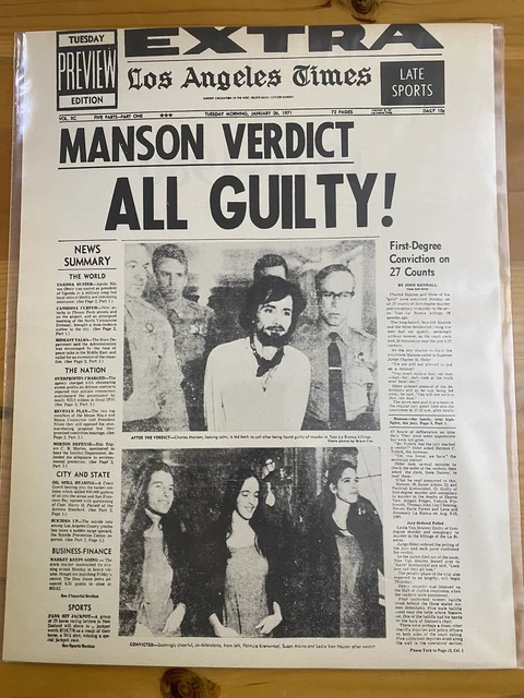 VINTAGE NEWSPAPER HEADLINE ~Cult Murder Killer Charles Manson Court ...