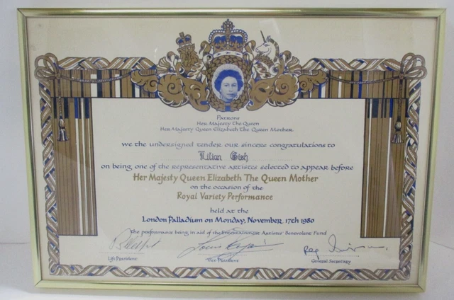 1980 CERTIFICATE FROM Queen Elizabeth The Royal Variety Performance ...