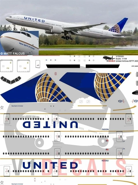 V1 DECALS BOEING 777-300 United Airlines for 1/144 Revell Model ...
