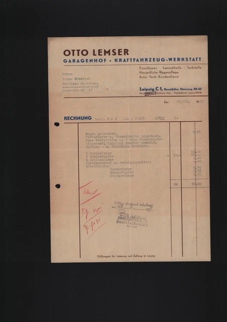 LEIPZIG, RECHNUNG 1939, Otto Lemser Garagenhof Kraftfahrzeug-Werkstatt ...