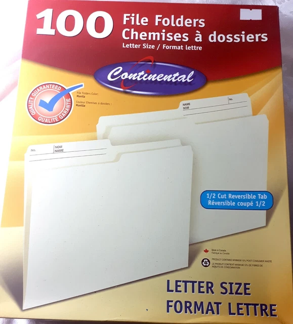 100 PACK LETTER Sized File Folders - Manila Colour- Continental Brand ...