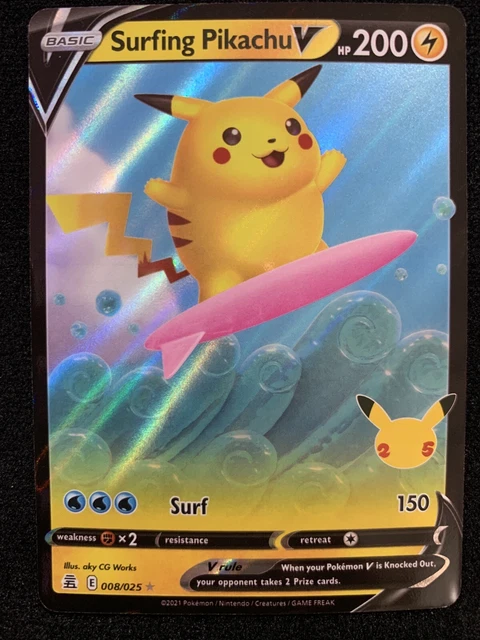 POKÉMON TCG SURFING Pikachu V Celebrations 008/025 Holo Ultra Rare NM ...