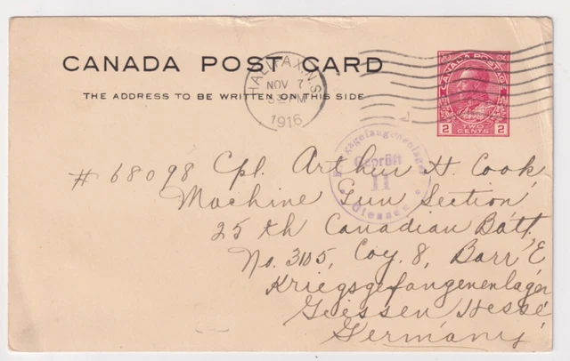 WW1 CANADIAN MACHINE Gun Section Prisoner War Card 1916 GIESSEN POW ...