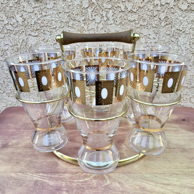6 MID-CENTURY DESIGNER FRED PRESS Gold Sun Block GLASSES w/ WOOD ...