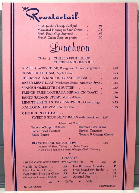 1960S THE ROOSTERTAIL Restaurant Wednesday Luncheon Menu Detroit ...